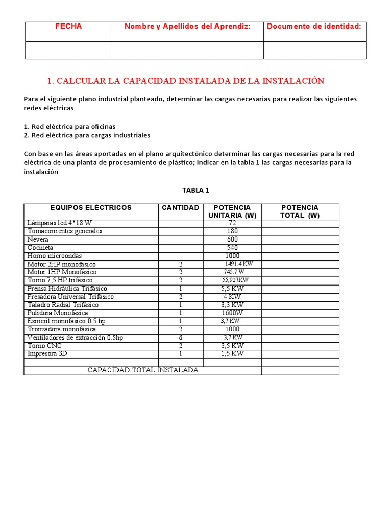 Calcular La Capacidad Instalada de La Instalación: Fecha Nombre y ...