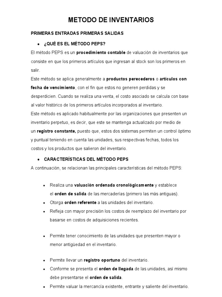 PEPS (Concepto, Caracteristicas, Etc) | PDF | Inventario | Valoración (Finanzas)