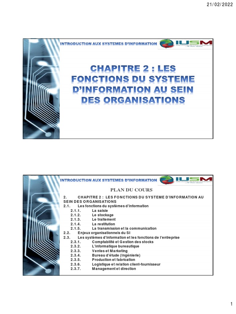 Chapitre 2 - LES FONCTIONS DU SI | PDF | Progiciel de gestion intégré | Gestion de la relation ...