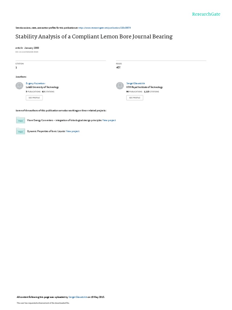 Stability Analysis of A Compliant Lemon Bore Journ | PDF | Bearing ...