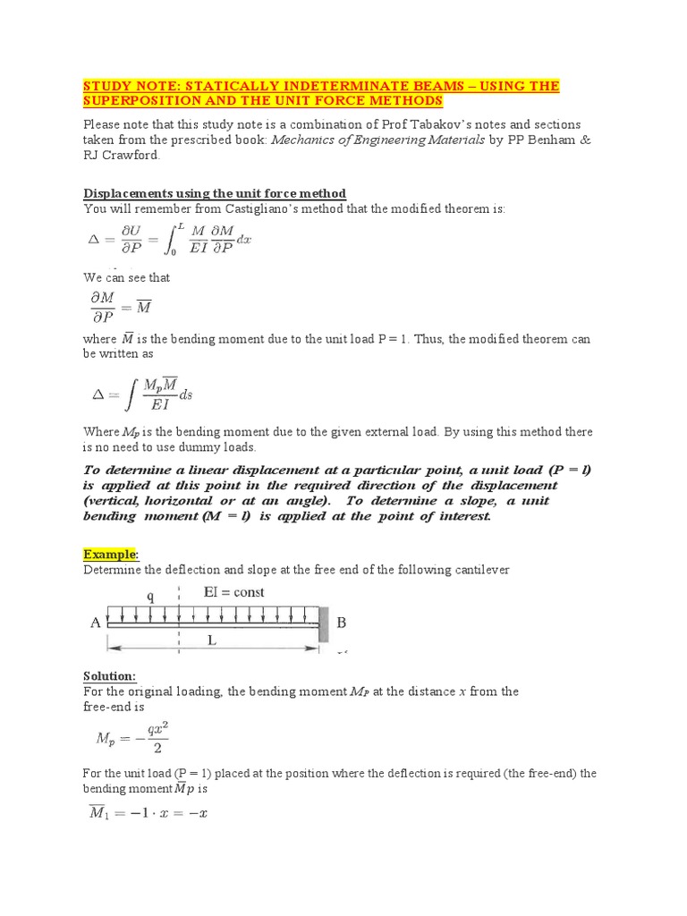 Statically Indeterminate Beams Analysis Pdf Bending Beam Structure