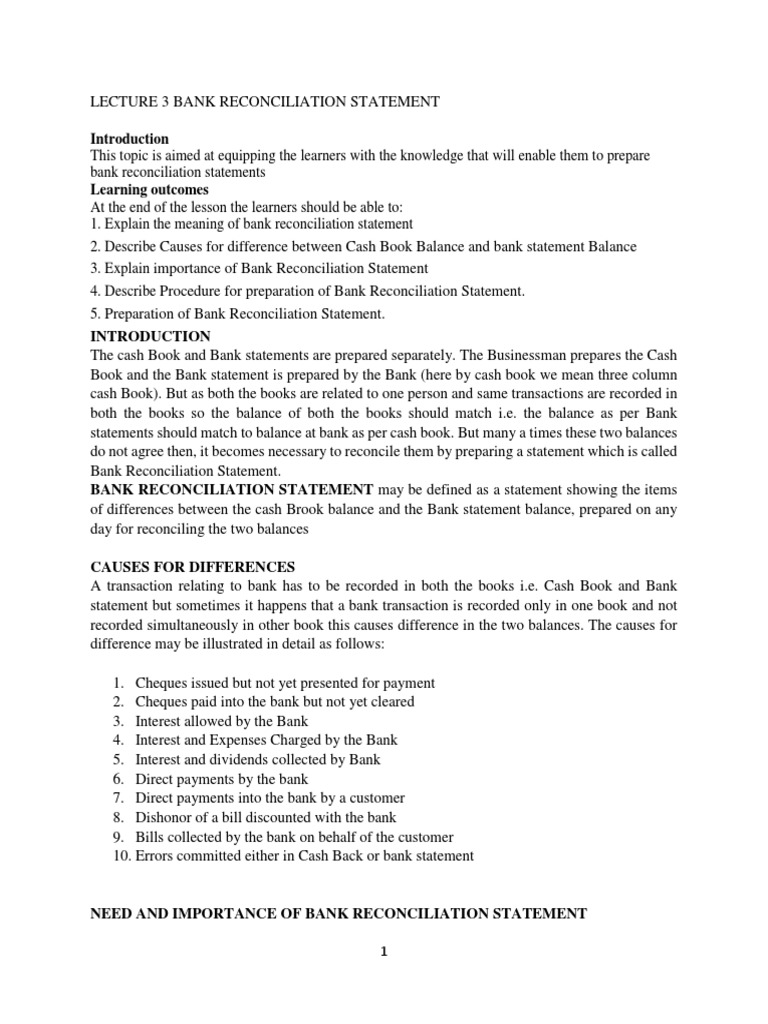 Bank Reconciliation Statement | PDF | Banks | Overdraft