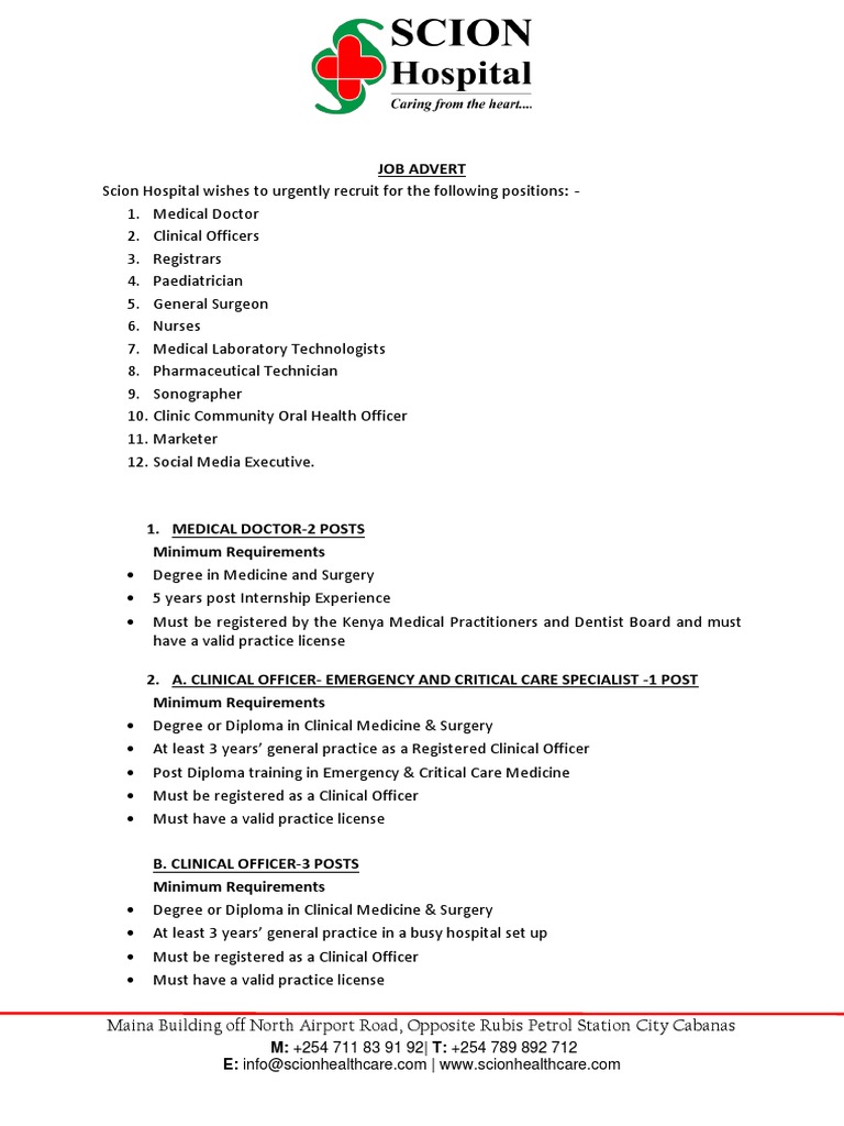 Scion Hospital Job Advertisement Seeking Qualified Medical ...