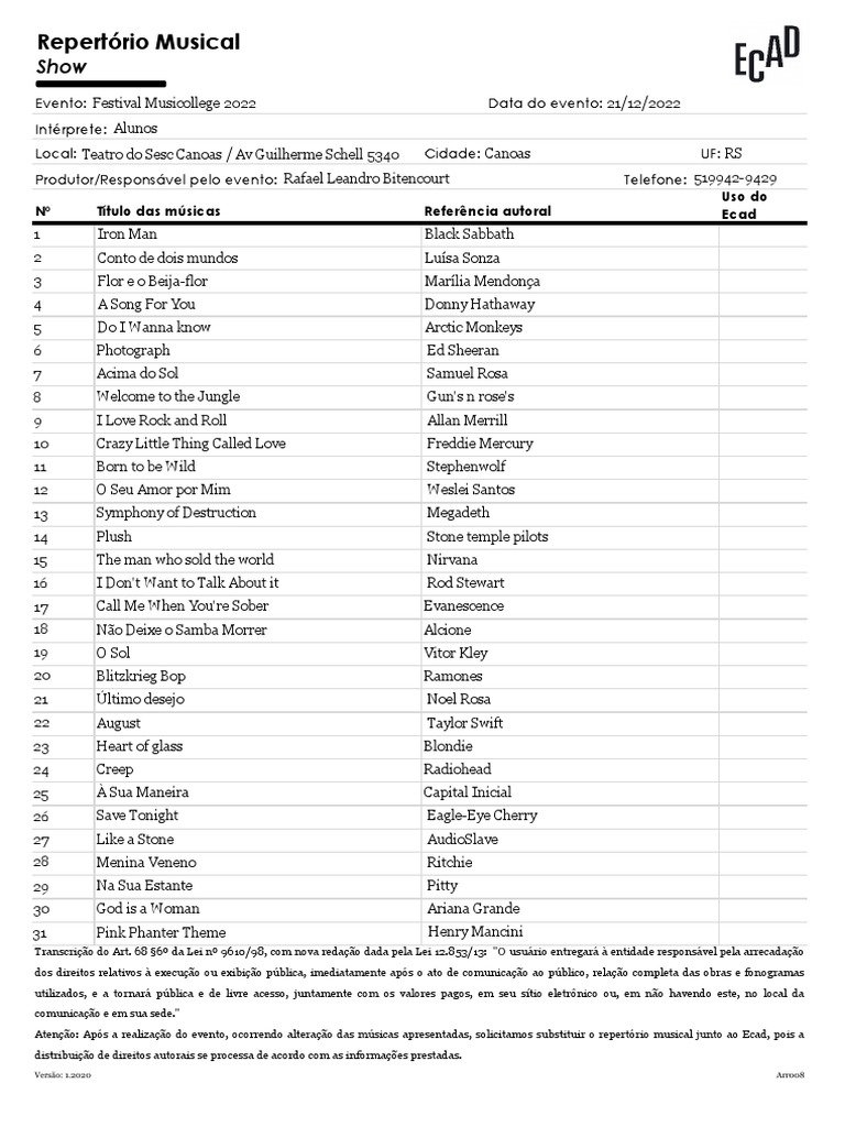 Repertório Musical de Show | PDF | Músicos | Indústria da música