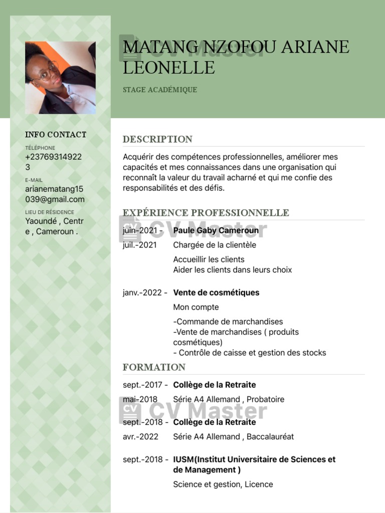 CV d'Ariane Matang Nzofoù | PDF | Évolution de carrière