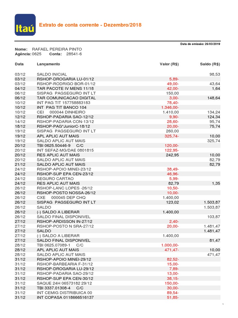 Extrato de Conta Corrente Dezembro 2018 | PDF | Conta bancária ...