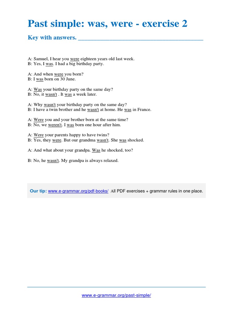 Past Simple Was Were Exercise 2 Key PDF | PDF