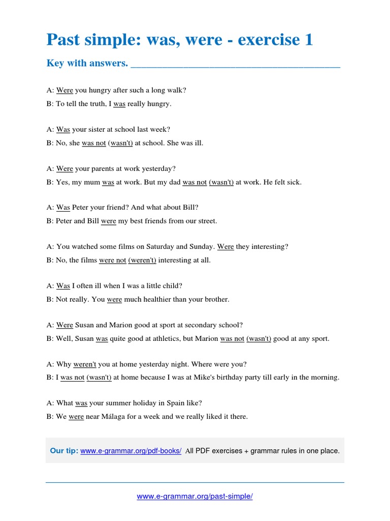 Past Simple Was Were Exercise 1 Key | PDF