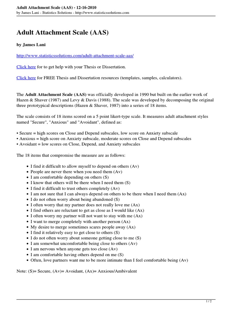 Adult Attachment Scale Aas | PDF | Attachment Theory | Social Psychology