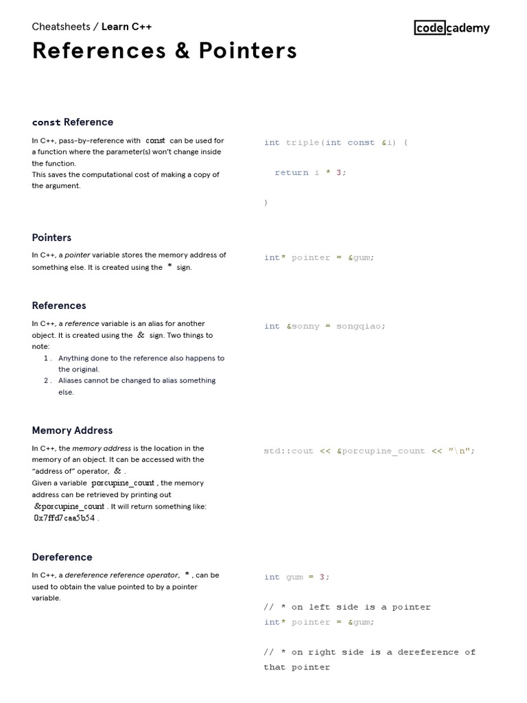 Learn C++ - References & Pointers Cheatsheet - Codecademy | PDF ... Learn C++ - References & Pointers Cheatsheet - Codecademy | PDF ...