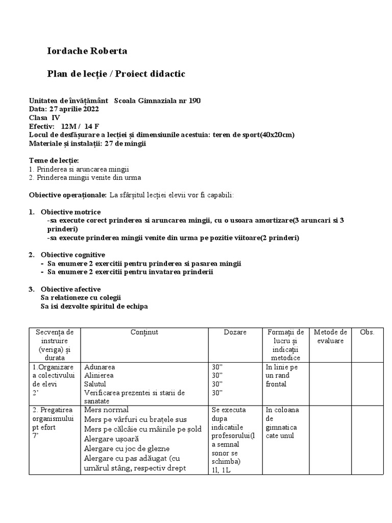 Plan de Lectie - Joc Sportiv (Handbal) | PDF