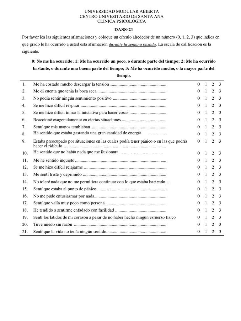 Dass-21 ESCALA DE ESTRES | PDF | Ansiedad | Depresión (estado de ánimo)