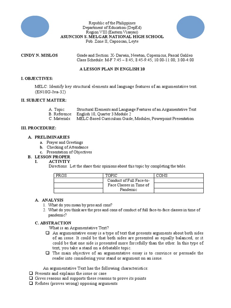 Lesson Plan: Argumentative Text in English 10 | PDF | Traffic Collision ...