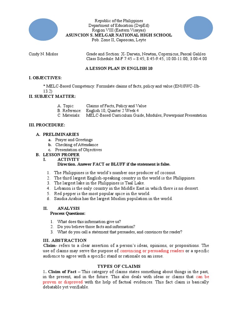 Lesson Plan GRADE 10 Quarter 2 W4 | PDF | Policy | Truth