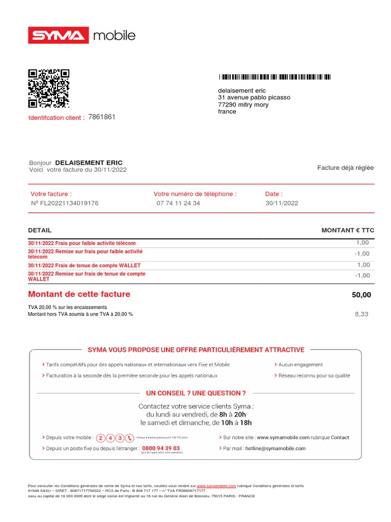 Facture Syma Mobile du 30/11/2022 | PDF