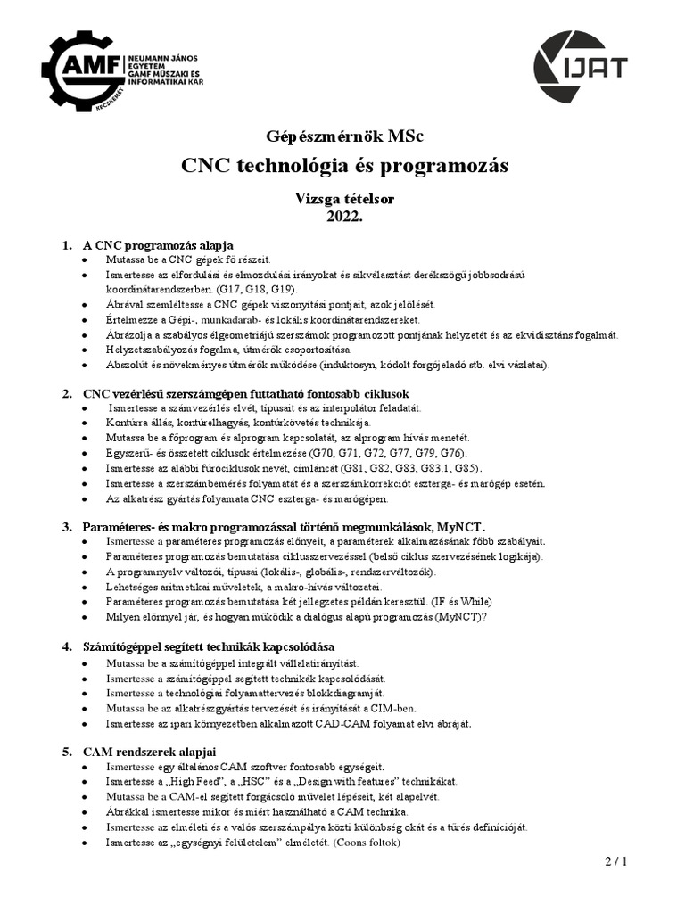 Vizsga Tételsor - CNC Technológia MSC - 2022-23 | PDF