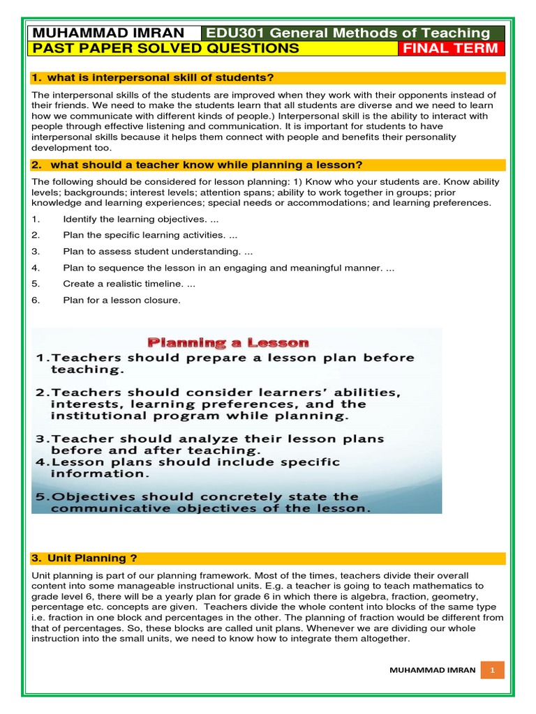 EDU301 General Methods of Teaching (PAST PAPER SOLVED QUESTIONS )( FINAL TERM) | PDF | Learning ...
