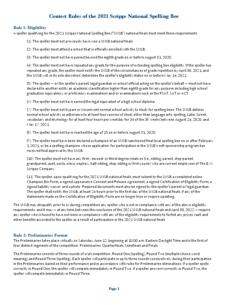 Contest Rules of The 2021 Scripps National Spelling Bee | PDF ...