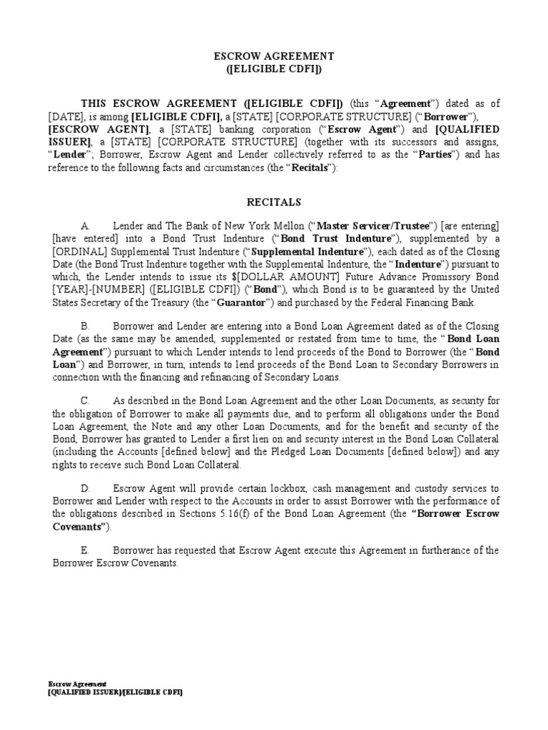 Escrow Agreement Template | PDF | Loans | Security Interest