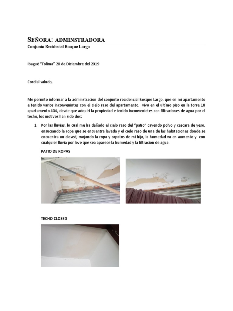 Solicitud de reparación de filtraciones de agua en apartamento por daños en el techo y cielo ...