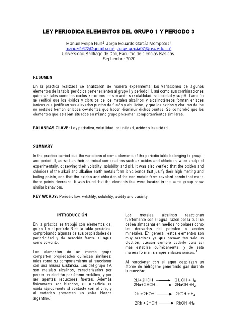 LEY PERIODICA ELEMENTOS DEL GRUPO 1 Y PERIODO 3 Mejorado (2) Informe ...