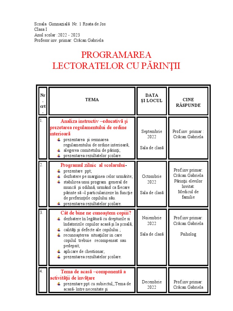 Planificarea Lectoratelor Cu Parintii, Clasa I | PDF