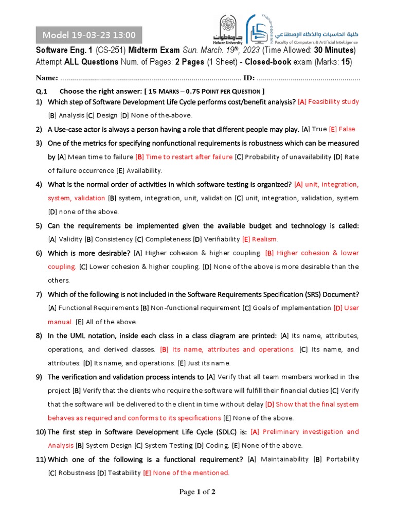 CS251 SE-1 (شعبة عامة لائحة قديمة) Midterm Exam (Spring 2023) ANSWER KEY | PDF | Software ...