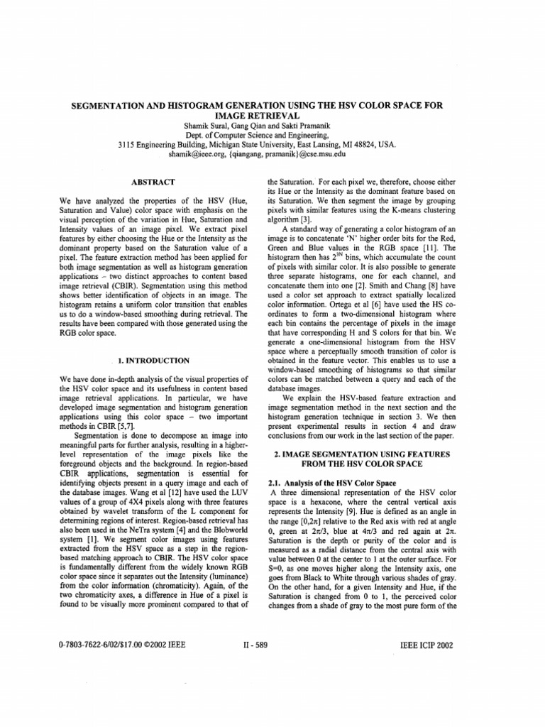Histogram Generation Using The HSV Color Space For | PDF | Image Segmentation | Hue