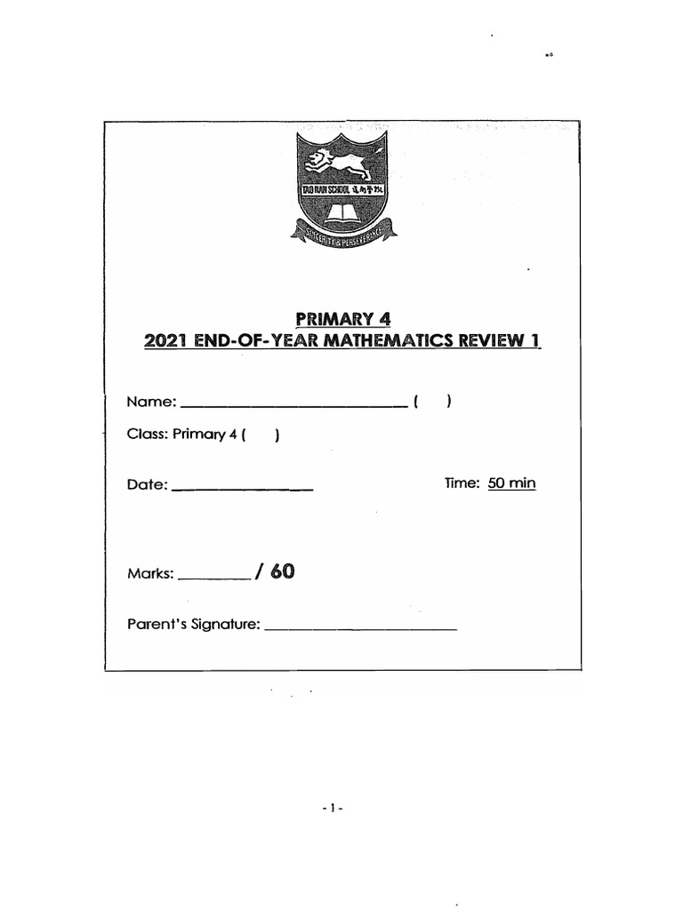 P4 Maths SA2 2021 TaoNan Exam Papers | PDF