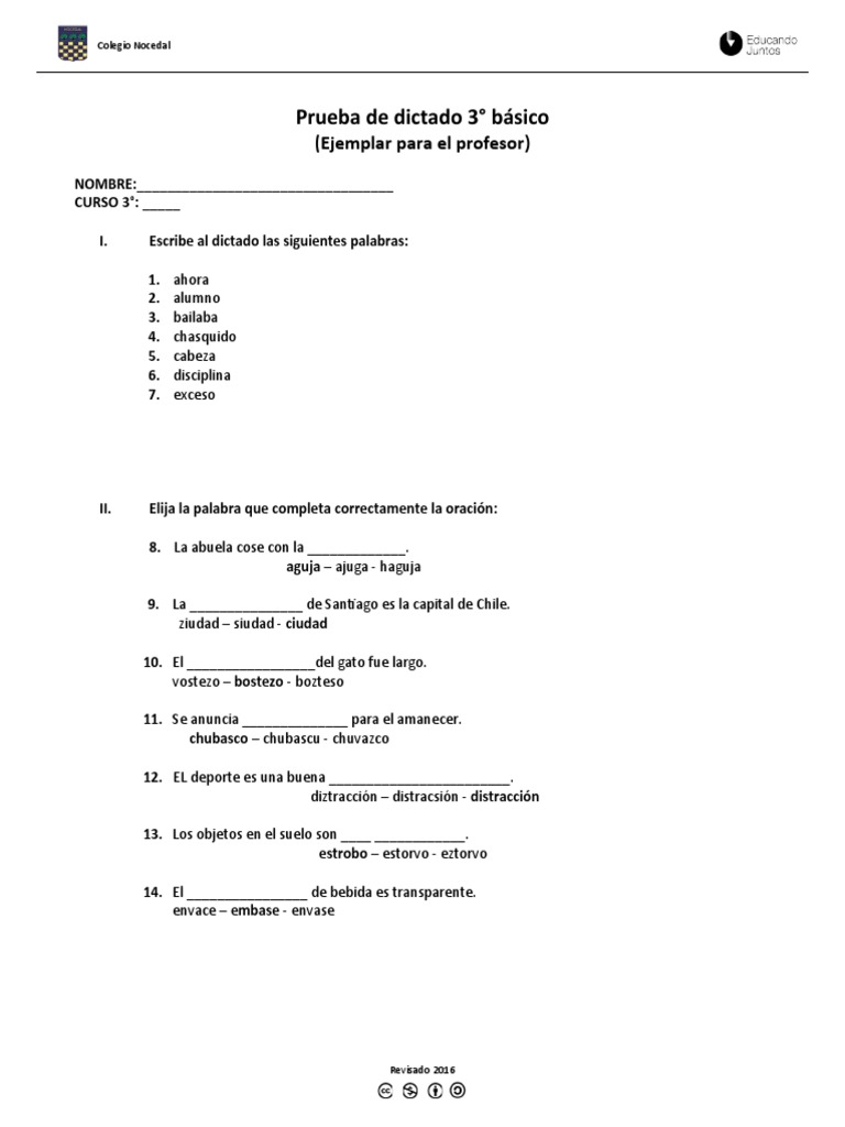 Prueba de Dictado para El Profesor y El Alumno 3 Basico 1 | PDF