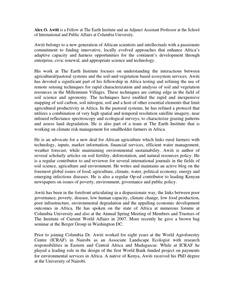 Alex O. Awiti Bio | PDF | Agriculture | Soil