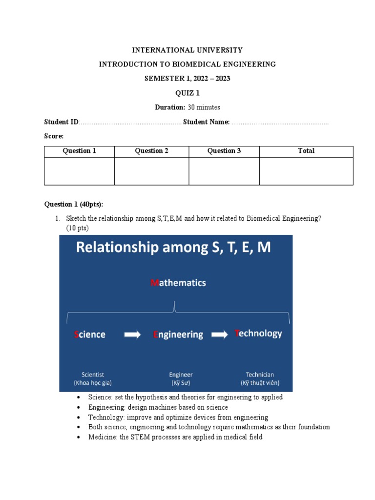 Quiz 1 - Answer | PDF | Biomedical Engineering | Engineering