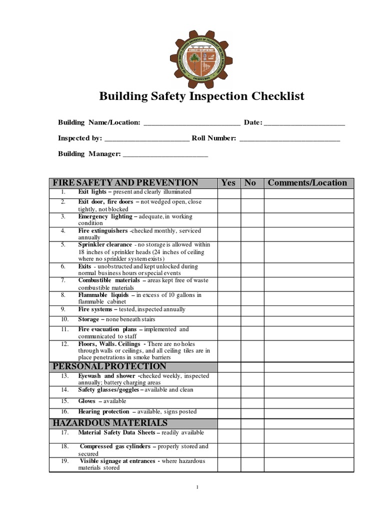 Building Safety Inspection & Audit Checklist Form | PDF | Fire ...