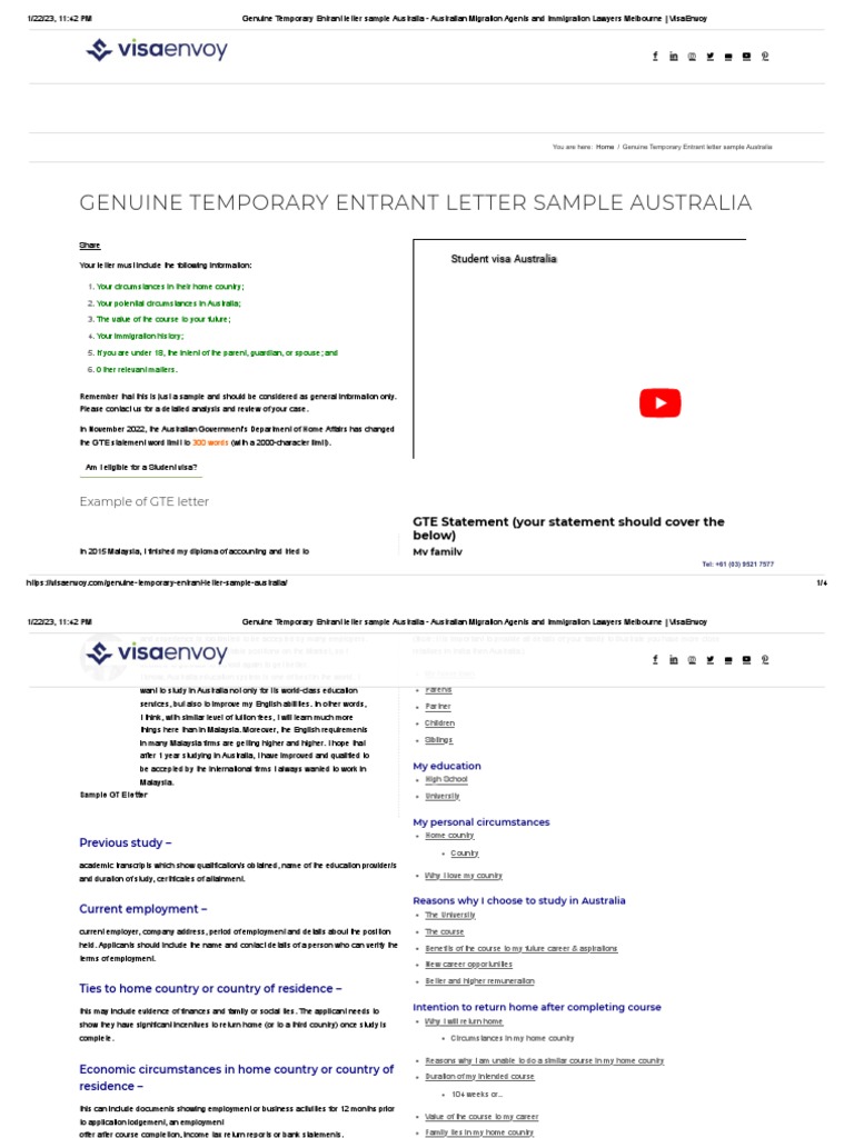 Visaenvoy Com Genuine Temporary Entrant Letter Sample Australia | Download Free PDF | Travel ...