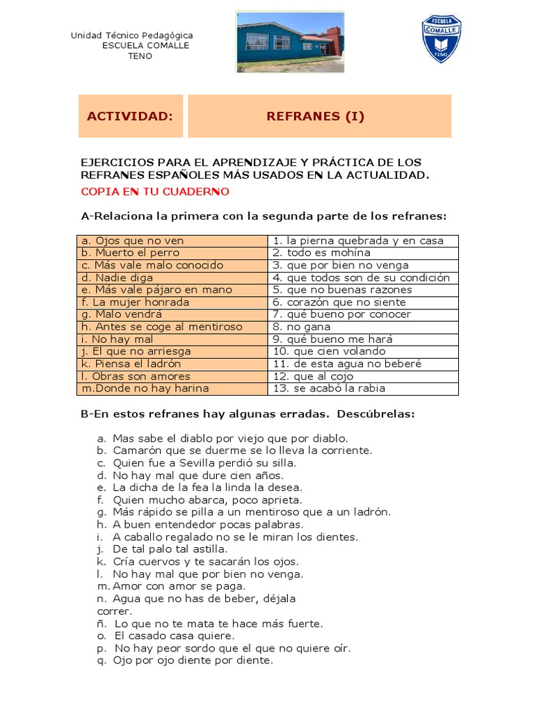 Actividad: Refranes (I) : Ejercicios para El Aprendizaje Y Práctica de ...