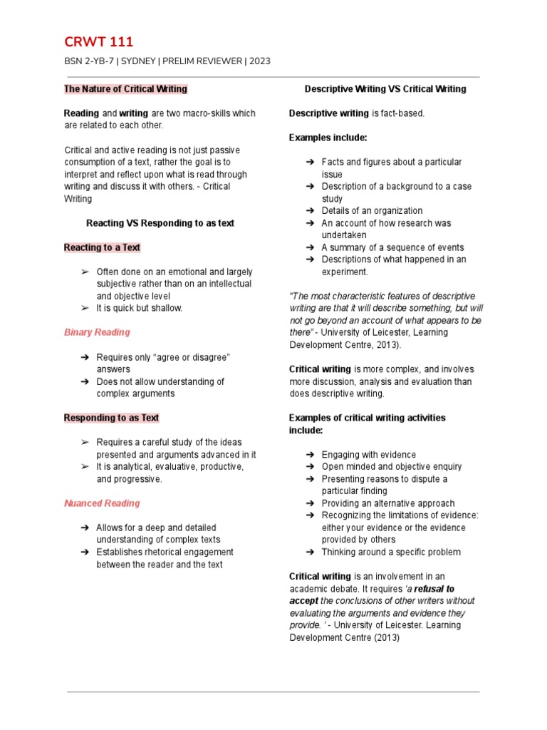 The Nature of Critical Writing | PDF | Knowledge | Evidence