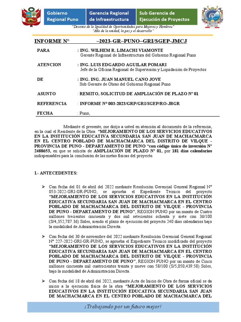 01 Informe Ampliacion De Plazo 01 Pdf
