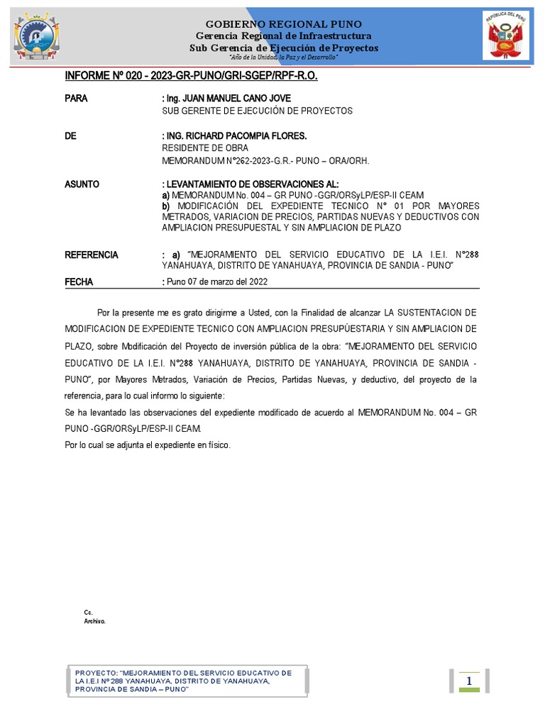 Informe Expediente Modificado Residente Iei Final 2023 | PDF