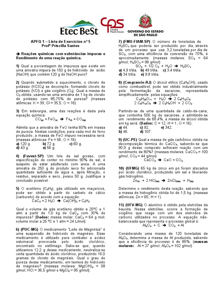 APFQ 1 - Lista de Exercícios 5 - 2020 | PDF | Mol (unidade) | Magnésio
