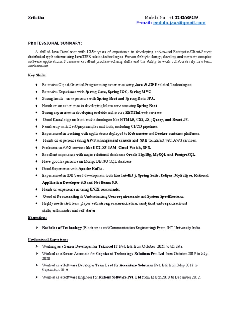 Dice Profile Srilatha Eedula | PDF | Spring Framework | My Sql