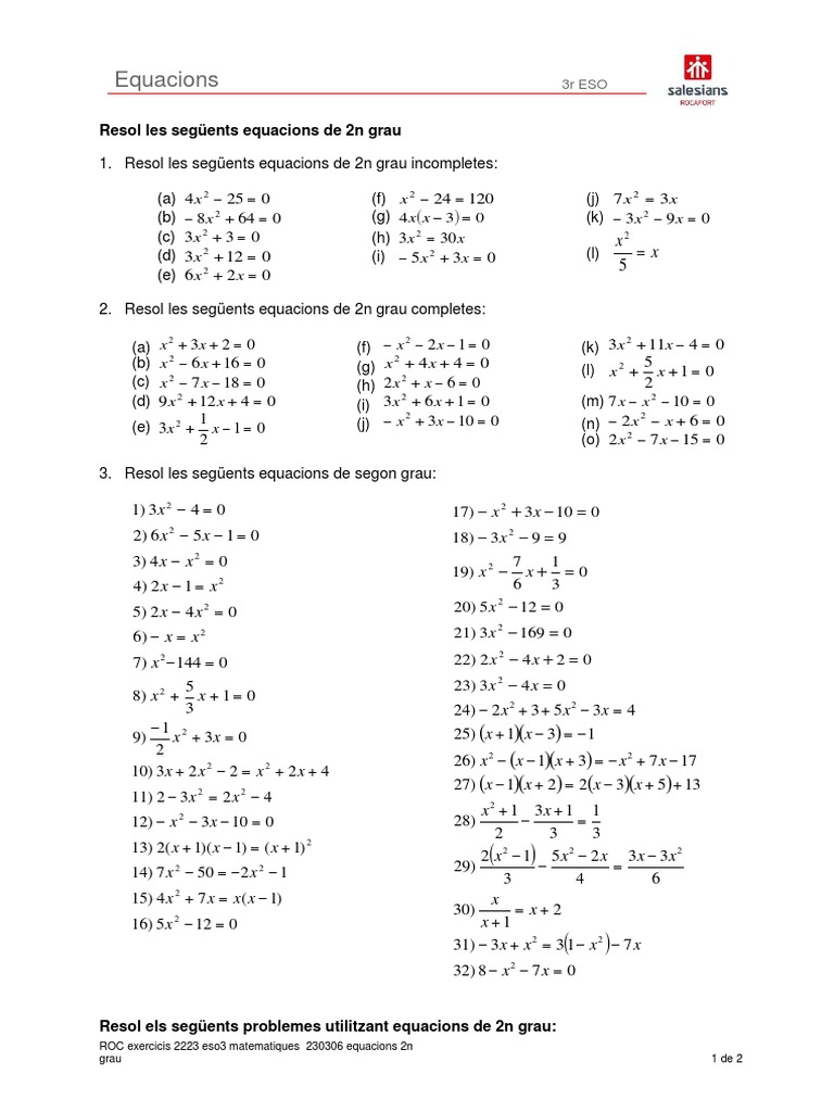 ROC Exercicis 2223 Eso3 Matematiques 230306 Equacions 2n Grau PDF | PDF
