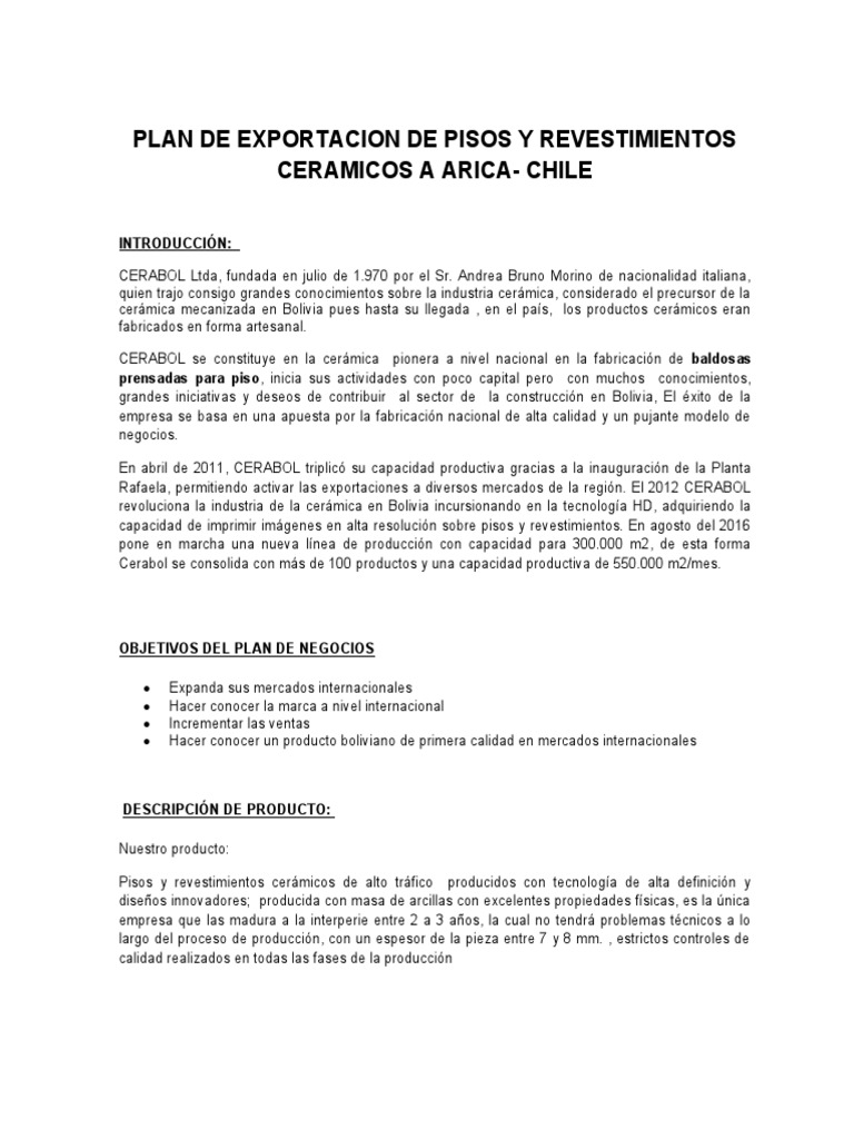 Plan de Exportacion de Ceramica Cerabol | PDF | Bolivia | Chile