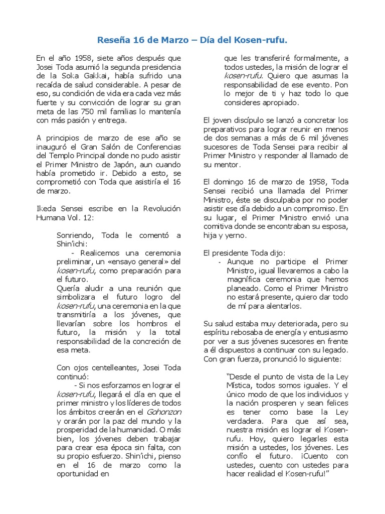 Reseña 16 de Marzo Día Del Kosen Rufu en La SGIV | PDF