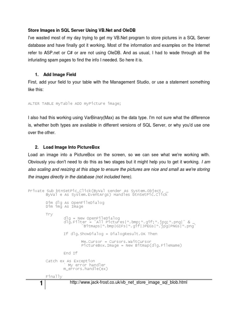 Store Images in SQL Server Using VB | PDF | Microsoft Sql Server | Computer Programming