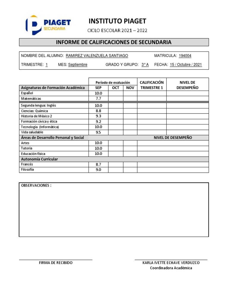 Instituto Piaget: Informe de Calificaciones de Secundaria | PDF