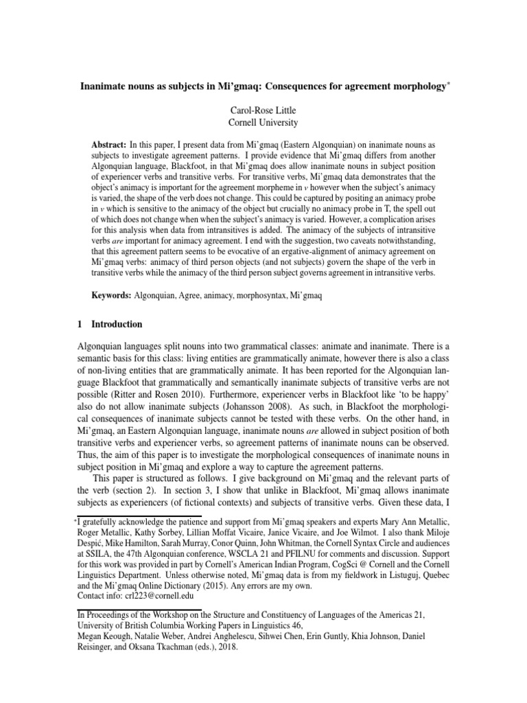 Inanimate Nouns As Subjects in Mi'gmaq Consequences For Agreement ...