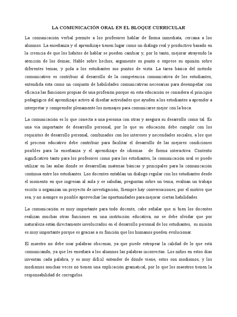 LA COMUNICACIÓN ORAL EN EL BLOQUE CURRICULAR | PDF | Comunicación | Enseñando