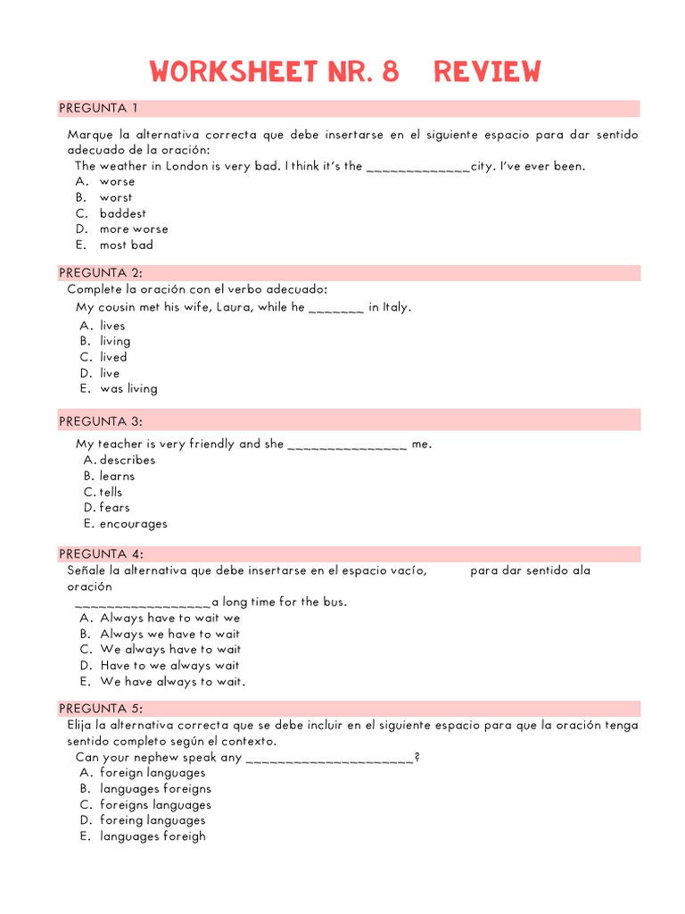 Worksheet Nr. 8 Review | PDF | Languages | Foreign Language Studies