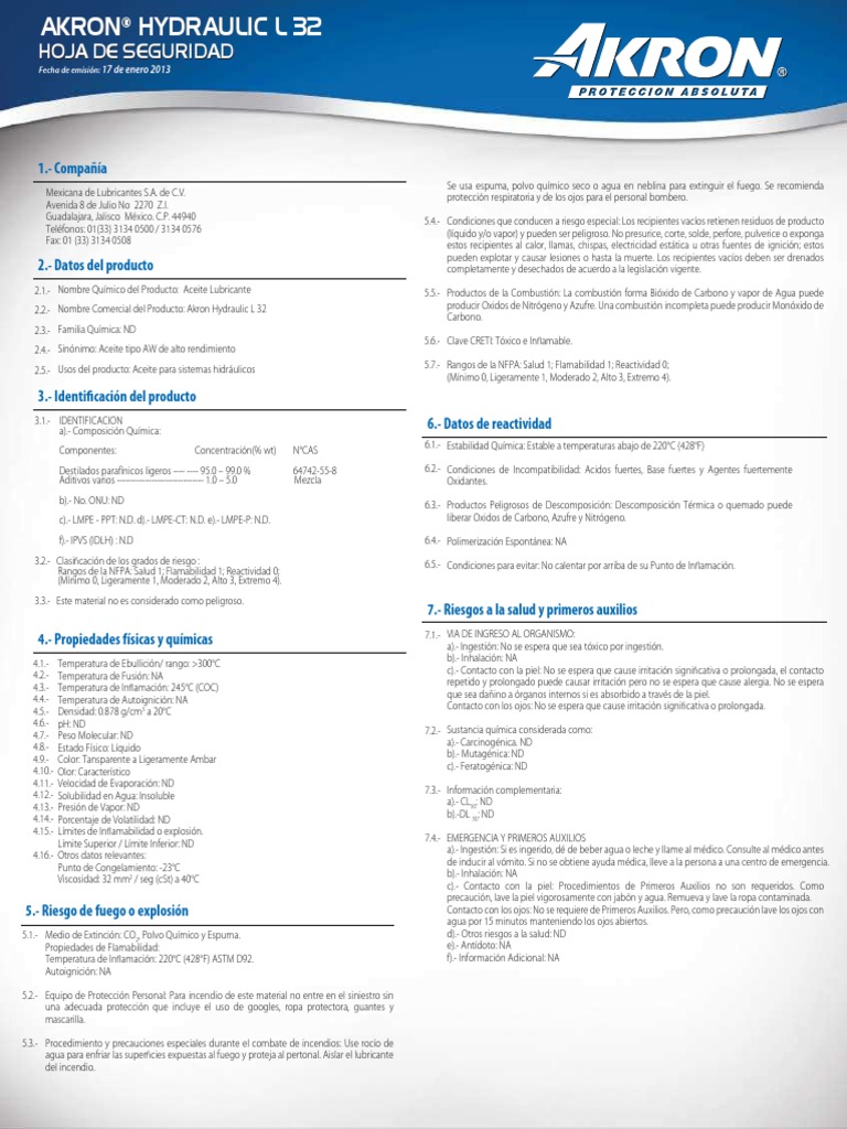 Akron - Hydraulic - L - 32 MSDS | PDF | Agua | Combustión