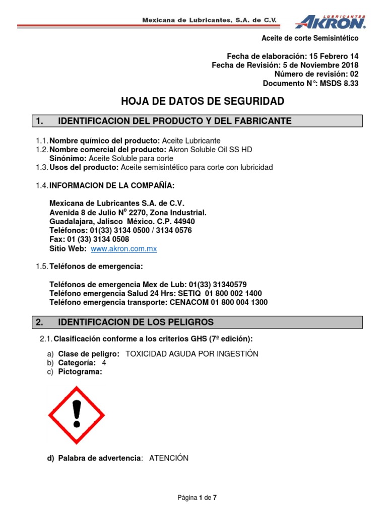 Hojas de Seguridad Akron Soluble | PDF | Agua | Contaminación Hojas de Seguridad Akron Soluble | PDF | Agua | Contaminación